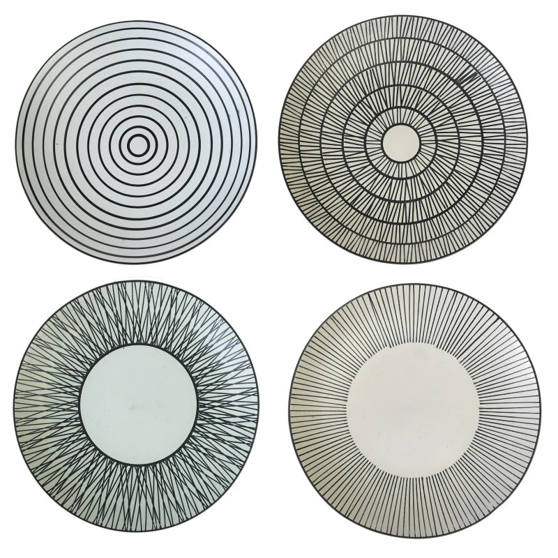CERAMIC DINNER PLATE BLACK WHITE SET OF 4 TABLETOP